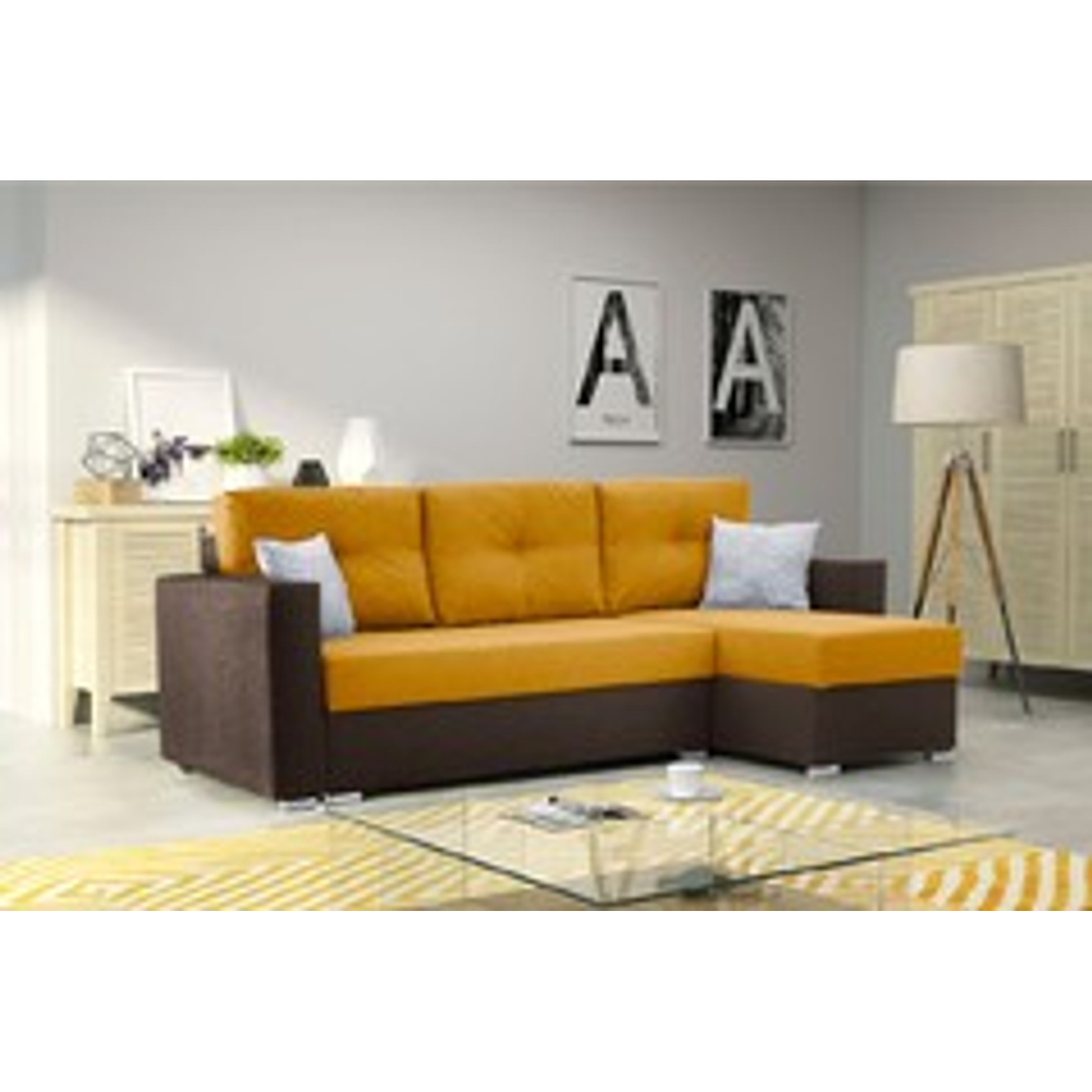 Rozkládací rohová sedací souprava 102 AIDEN Pravá Hnědá+žlutá - SG nábytek